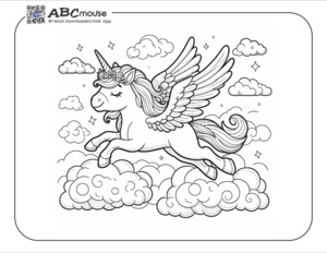 Unicorn Coloring Page with clouds and stars | ABCmouse
