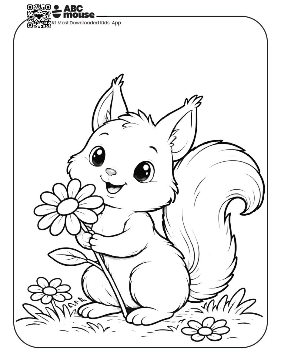 Cute squirrel holding flower activity Coloring Page | ABCmouse