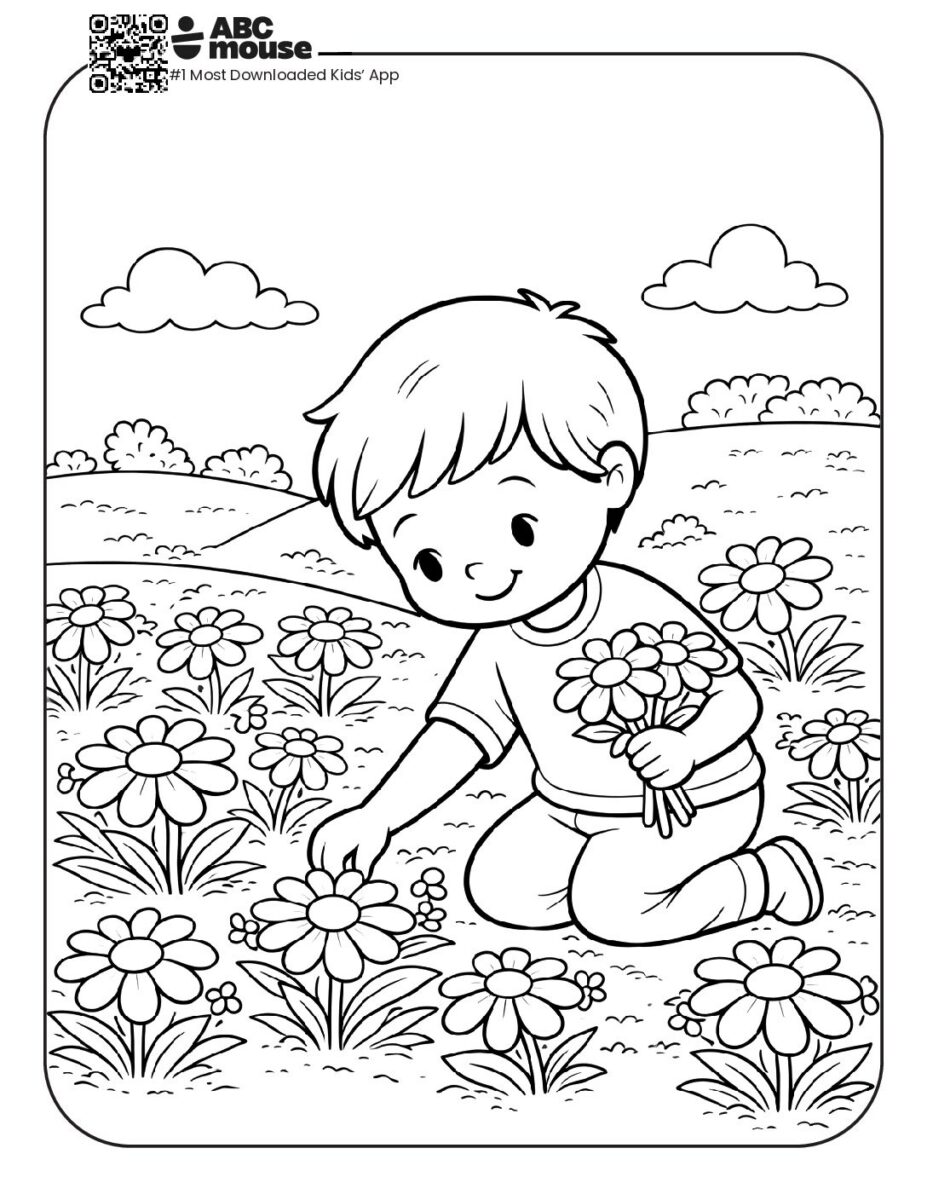 Simple flower garden Coloring Page with child picking flowers | ABCmouse