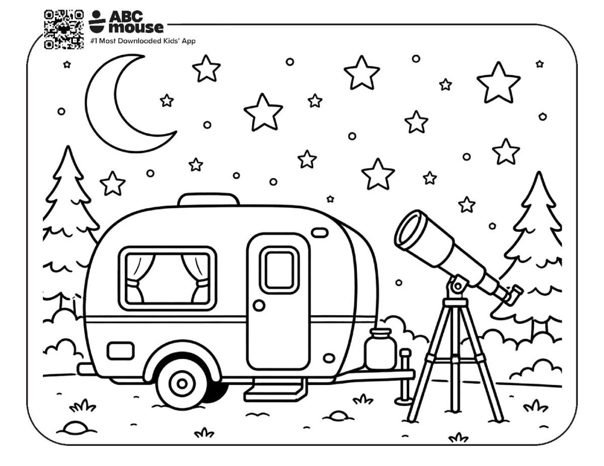 Camper Trailer Telescope Stargazing Night Coloring Page | ABCmouse