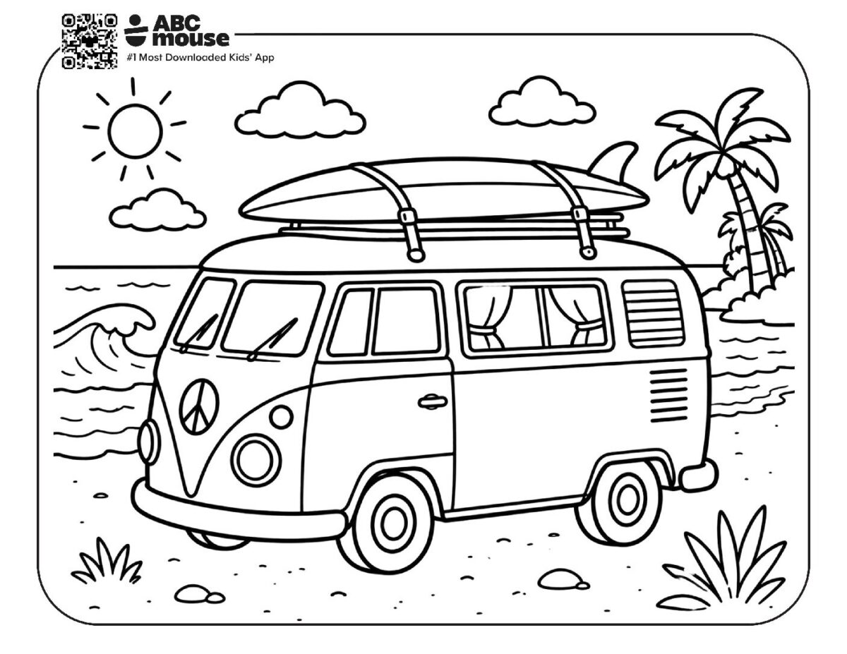 Vw Camper Van Surfboards Beach Coloring Page | ABCmouse