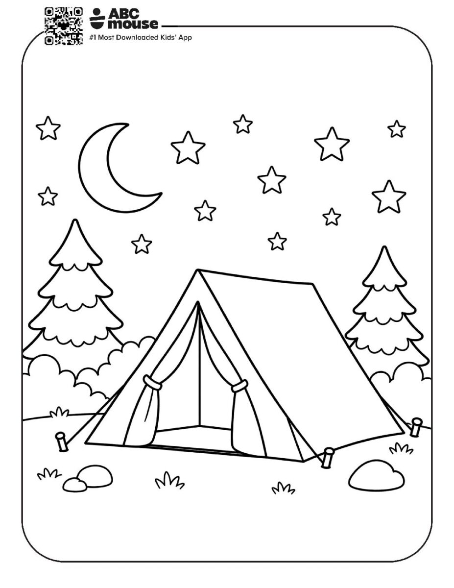 Camping Tent Night Stars Moon Coloring Page | ABCmouse