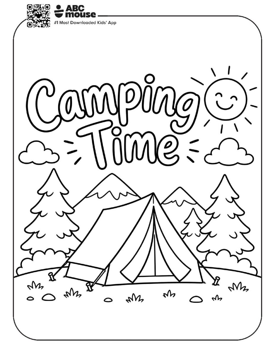 Camping Time Tent Mountains Day Coloring Page | ABCmouse