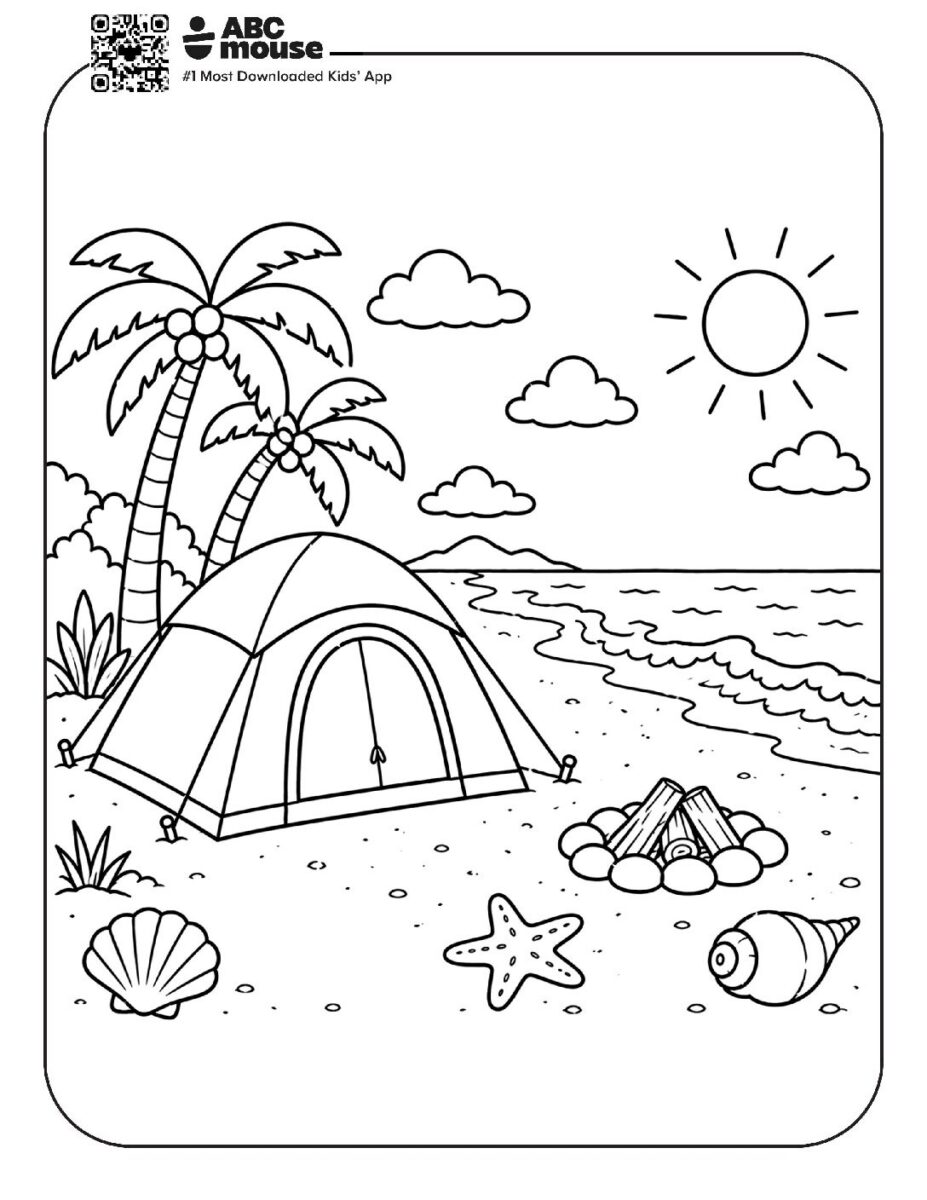 Beach Camping Tent Palm Trees Ocean Coloring Page | ABCmouse