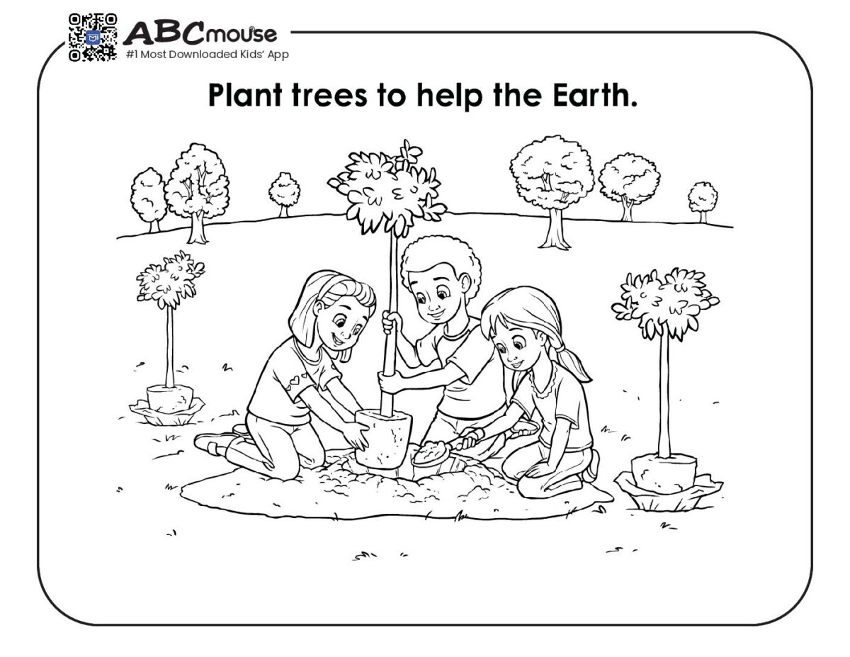 Kids Planting Tree Together Earth Day Coloring Page | ABCmouse