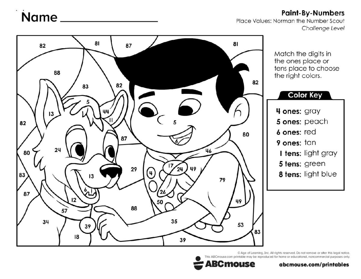 Place Value Color-by-Number Math Worksheet Coloring Page | ABCmouse