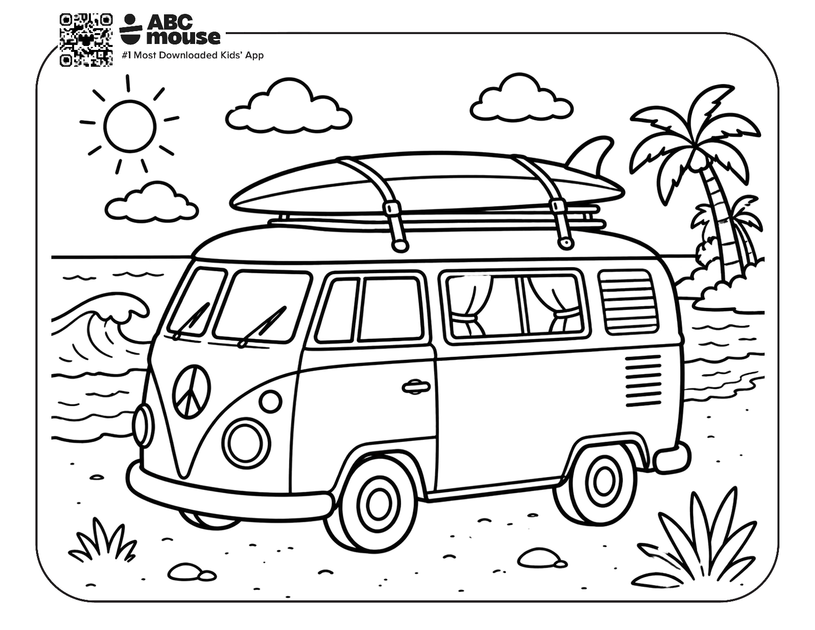 Vw Camper Van Surfboards Beach Coloring Page | ABCmouse