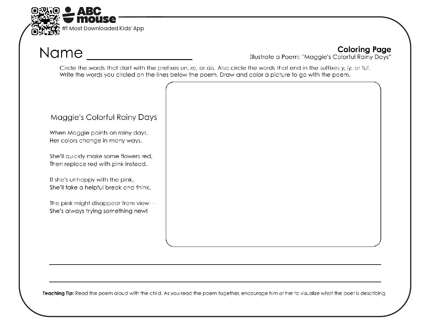 Coloring Page with prefix/suffix word focus and poem illustration ...
