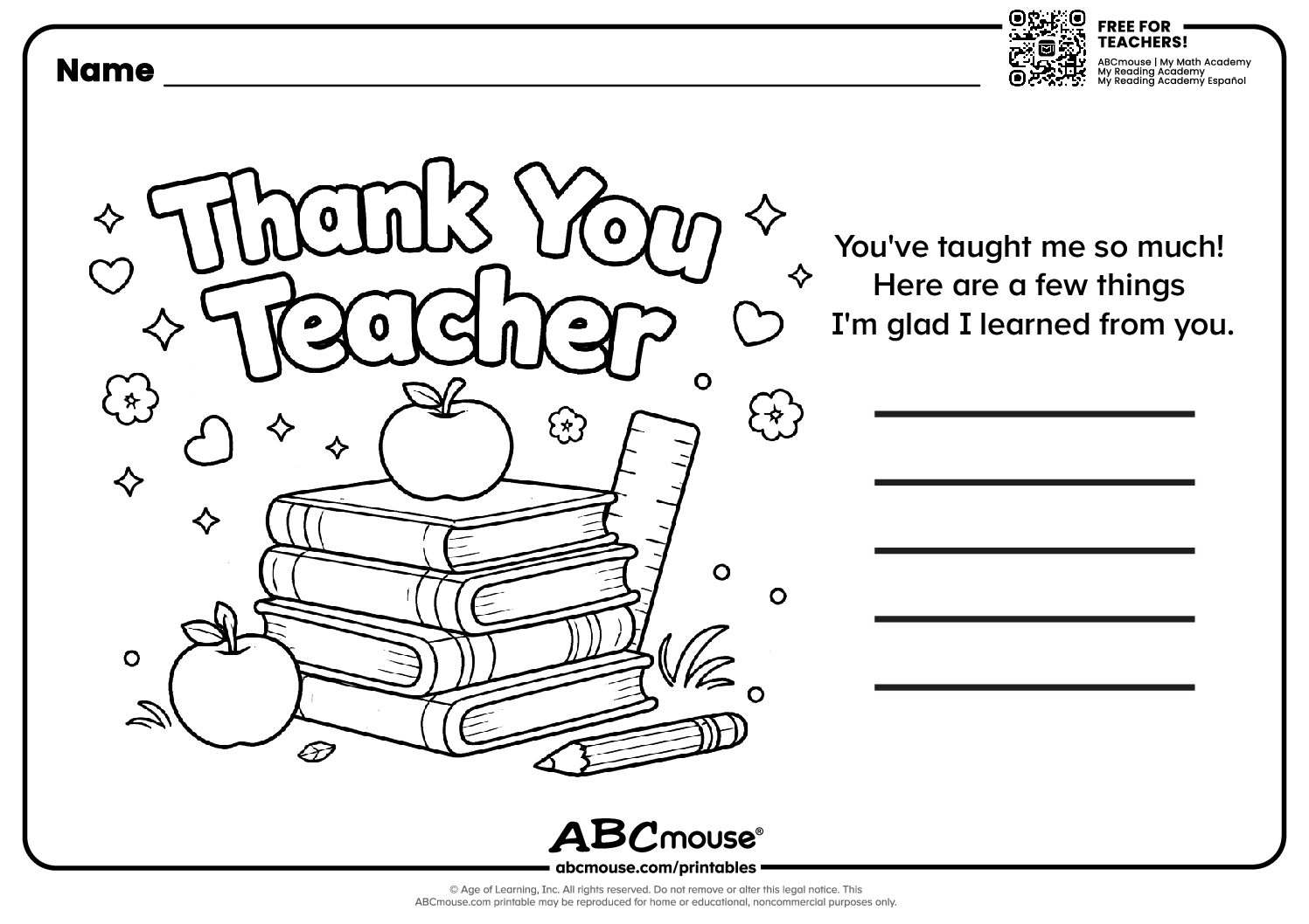Thank you teacher theme with Coloring Page and writing lines | ABCmouse
